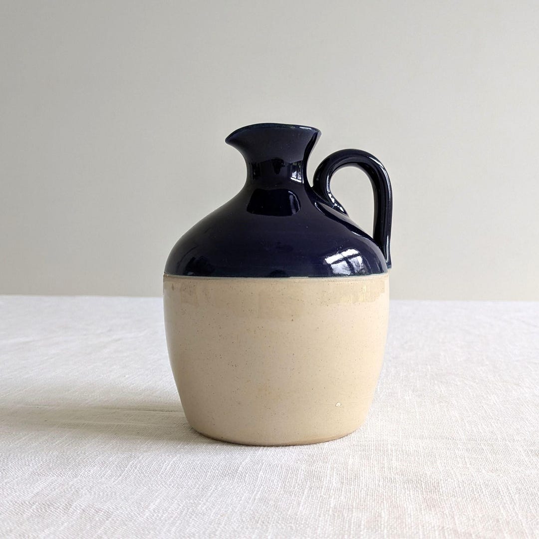 Vintage Stoneware Flagon: Cobalt Blue Ceramic Jug, Beige Vase - Etsy