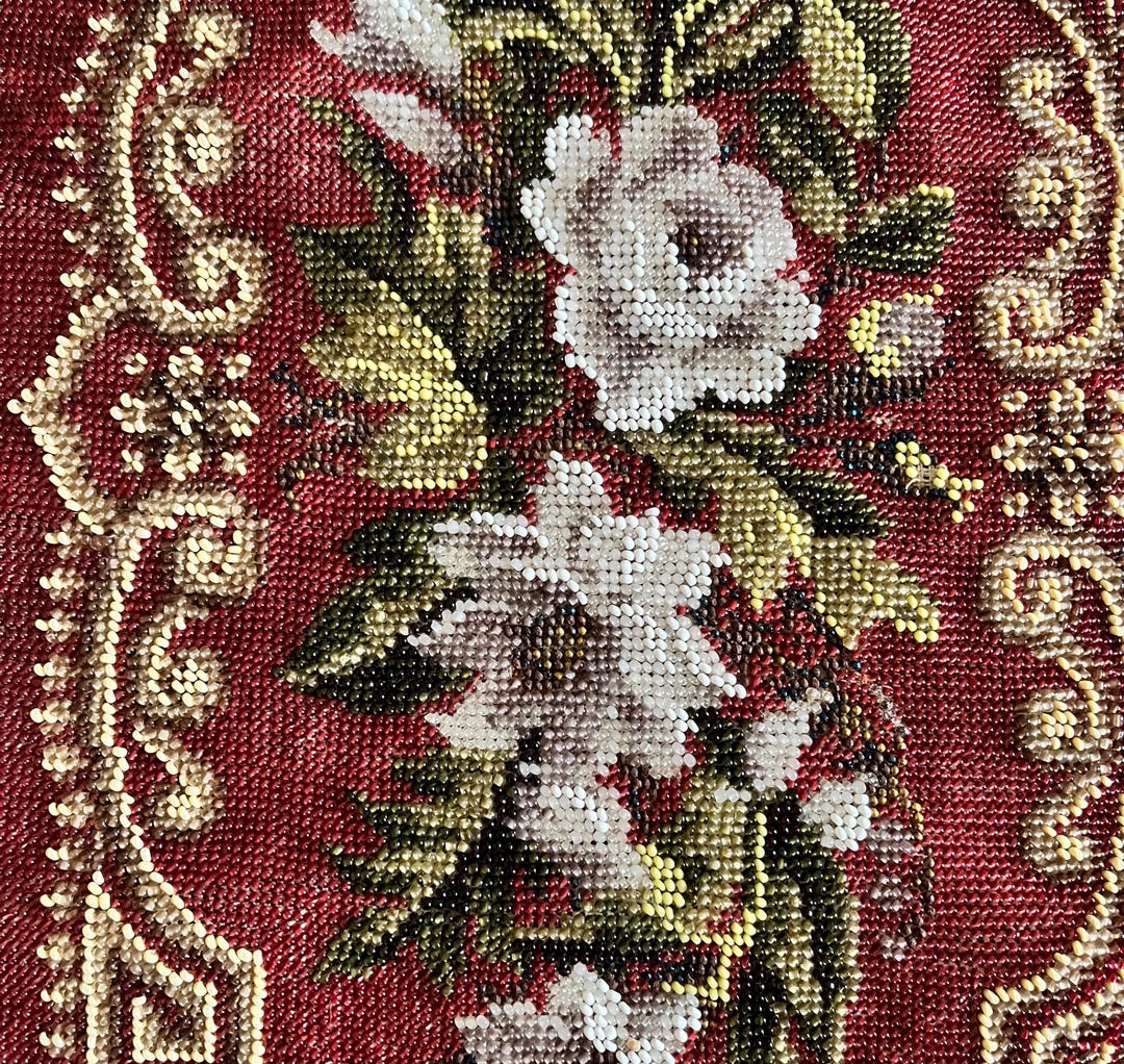 Victorian Beadwork Panel, Red Floral Beadwork Panel, Victorian Beading ...