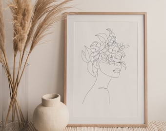 Flower Head Line Art. Flower Head Poster. Woman With Flower | Etsy