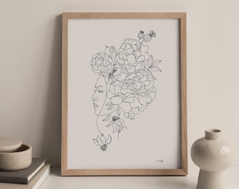 Flower Head Line Art. Flower Head Poster. Woman With Flower | Etsy