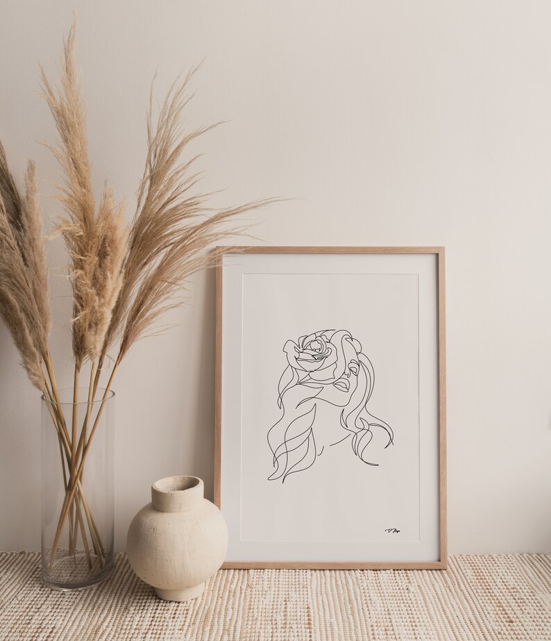 Woman With Rose Line Art Print. Woman With Flower Head. Female Art. One ...