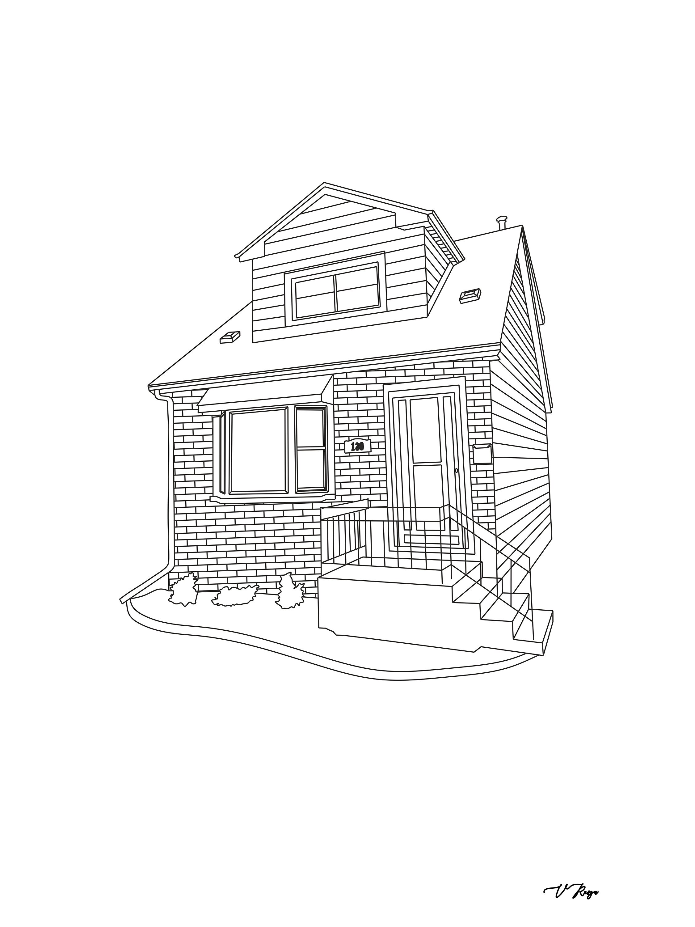 Personalised house portrait line drawing print. Custom line | Etsy