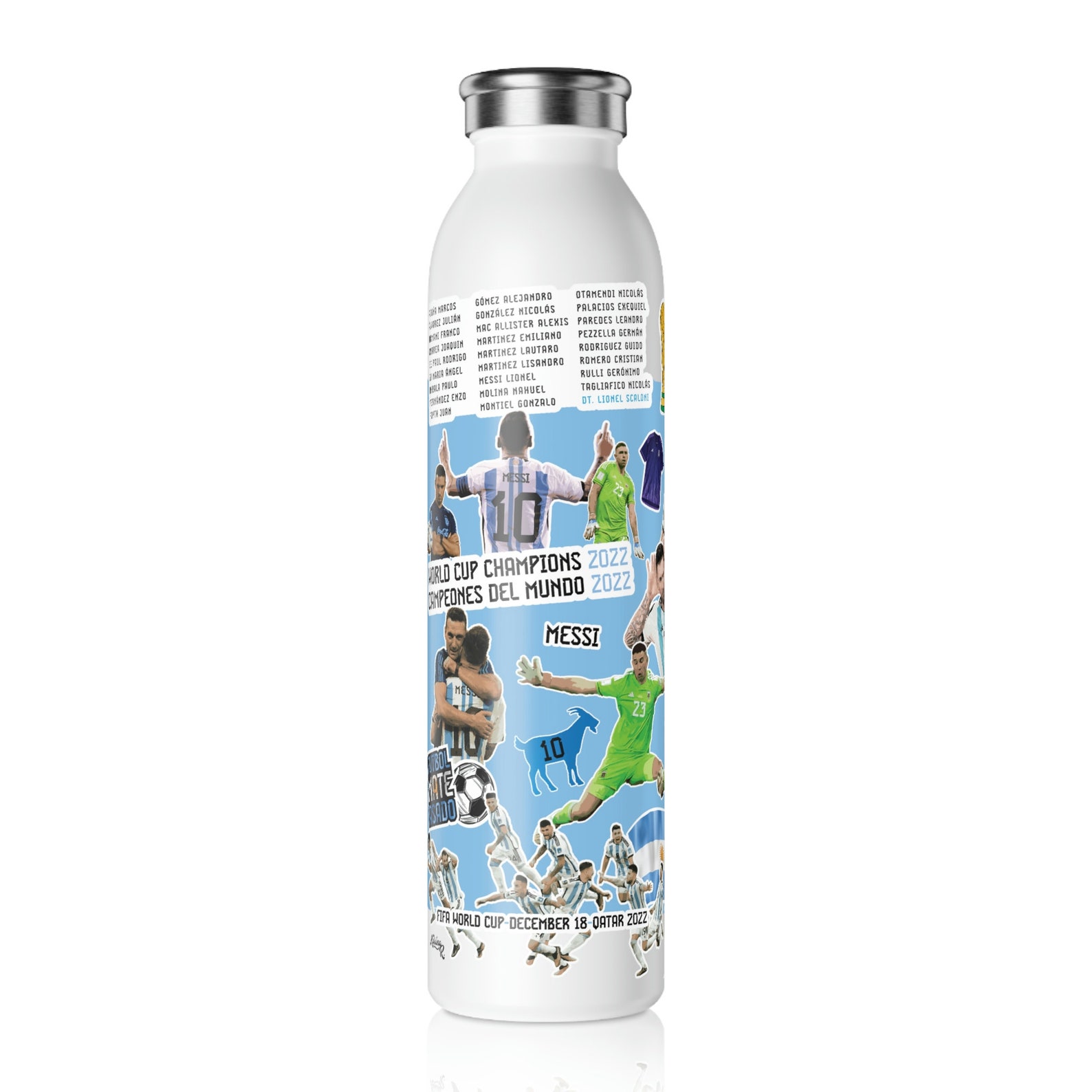 20oz Slim Water Bottle ARGENTINA World Cup Champions 2022, Messi 10 ...