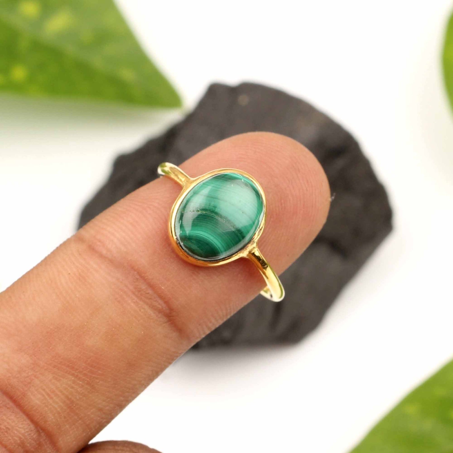Natural Malachite Ring 8x10mm Oval Malachite Ring 18k Gold | Etsy