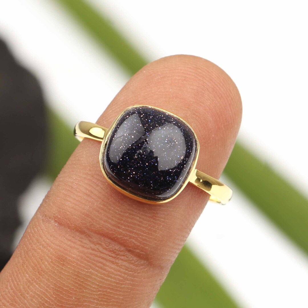 Natural Blue Sun Stone Blue Gold Stone Ring 10x10mm Cushion - Etsy