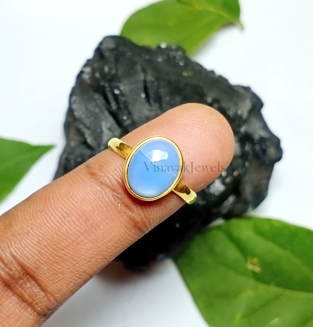Smooth Blue Opal Gemstone Ring 8x10mm Oval Shape Ring 18K Gold Plated ...