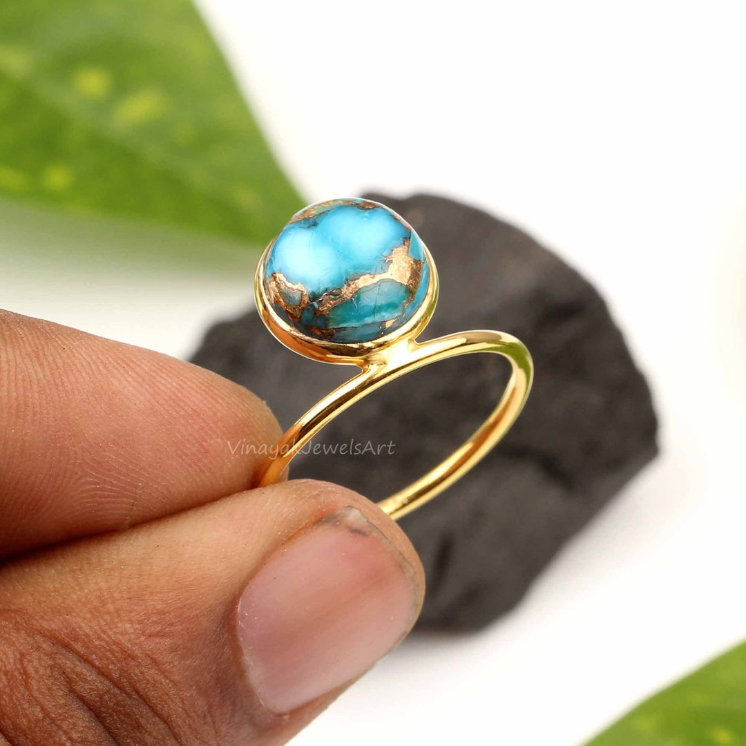 Copper Blue Turquoise Ring 10x10mm Round Turquoise Ring Open Stone Ring ...