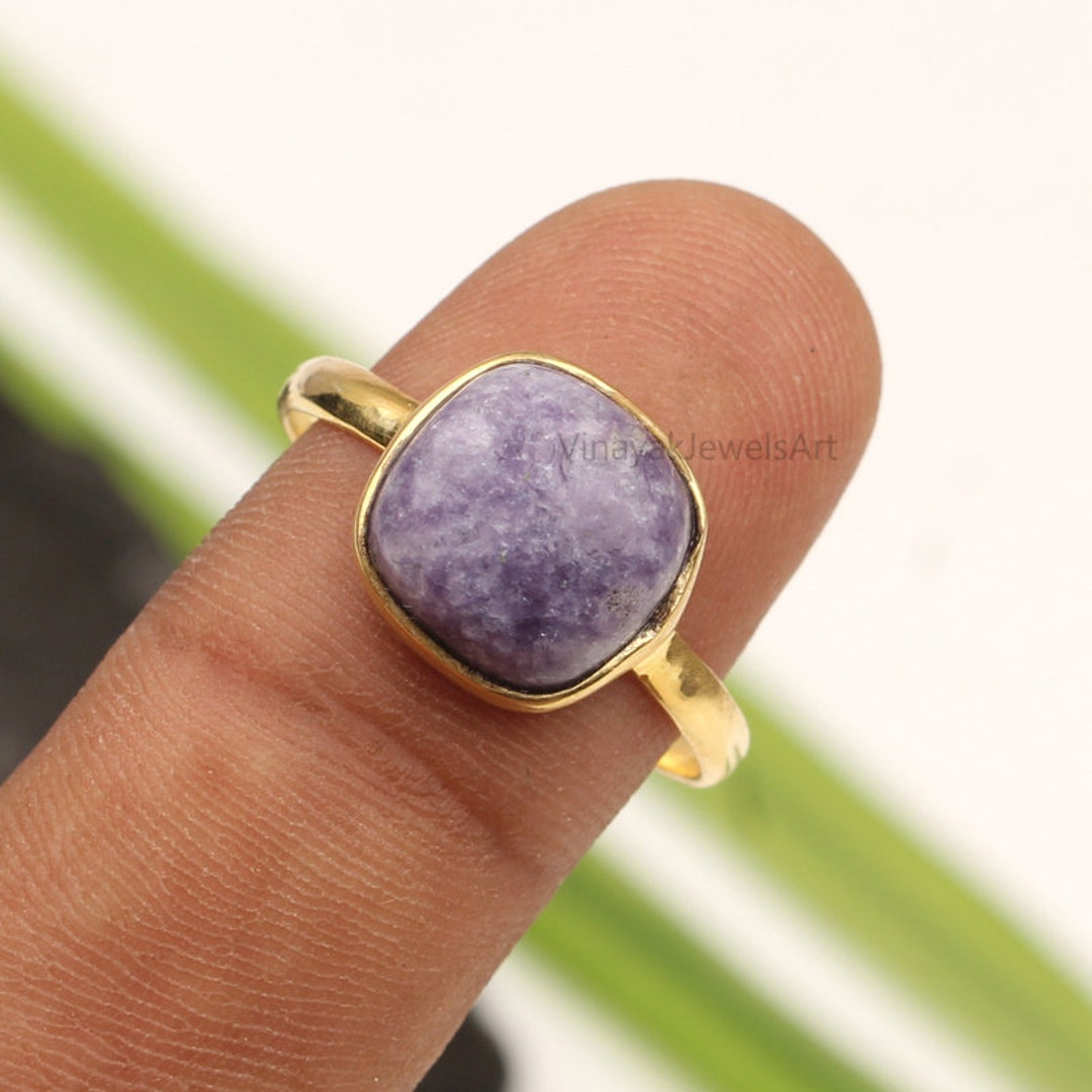 Natural Lepidolite Gemstone Ring 10x10mm Cushion Ring 18k Micron Gold Plated Ring 925 Sterling ...