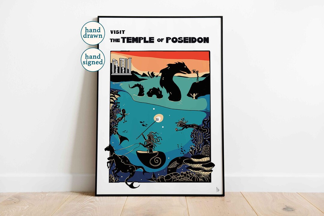 Visit the Temple of Poseidon Print: Retro Greek Mythology Travel Poster ...