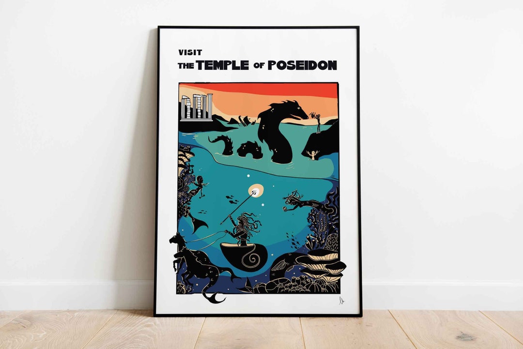 Temple of Poseidon Print, Greek Mythology Poster, Retro Travel Poster ...