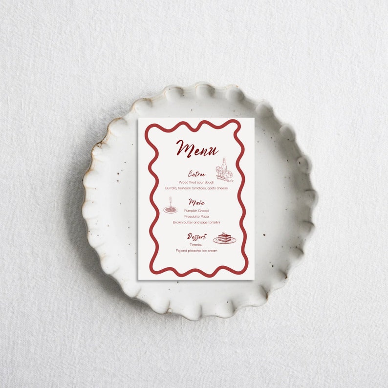 Vintage Red Wavy Border Editable Canva Dinner Party Event Menu / Place ...