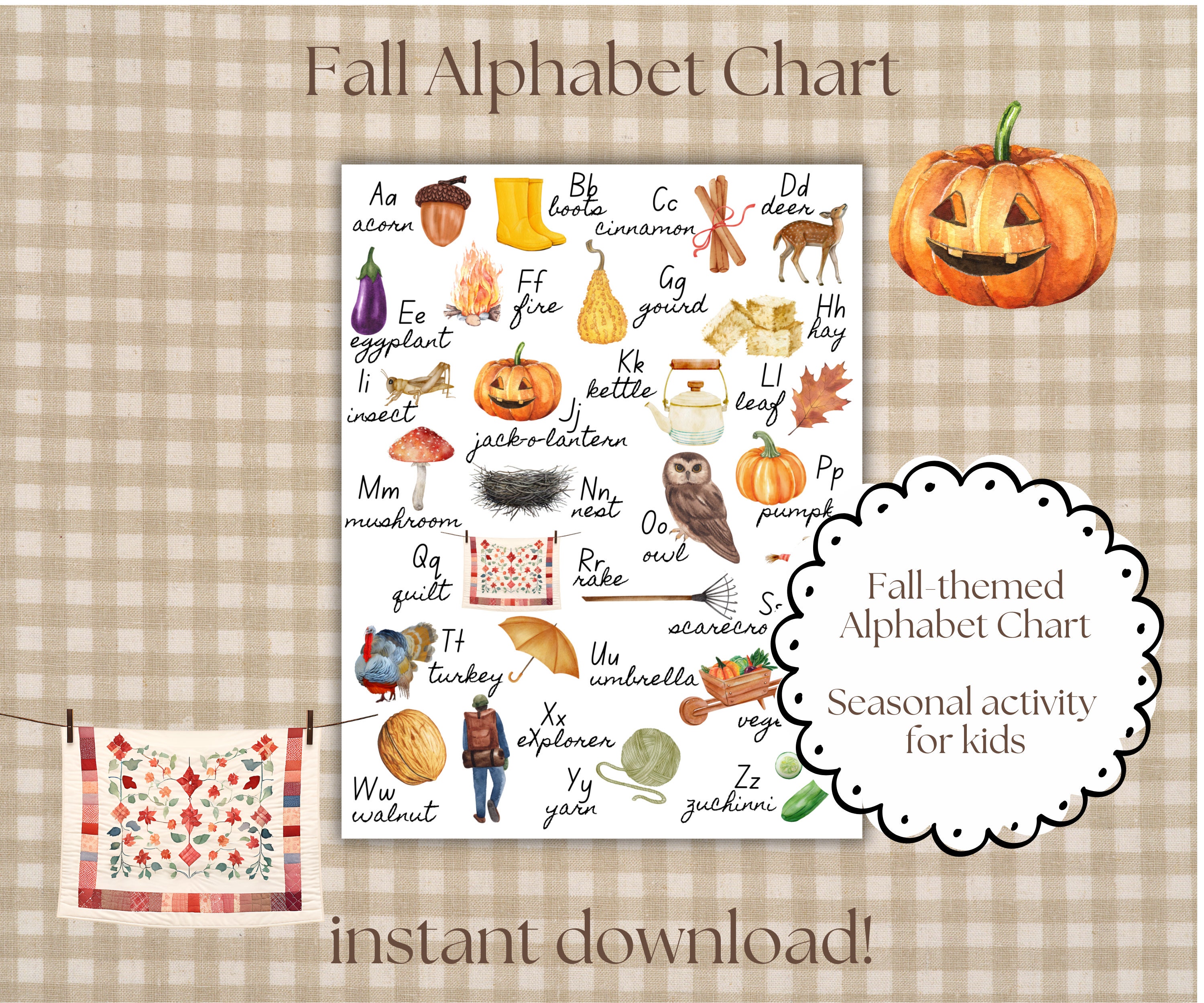 Fall-themed Alphabet Chart for Kids, Printable Educational Decor ...
