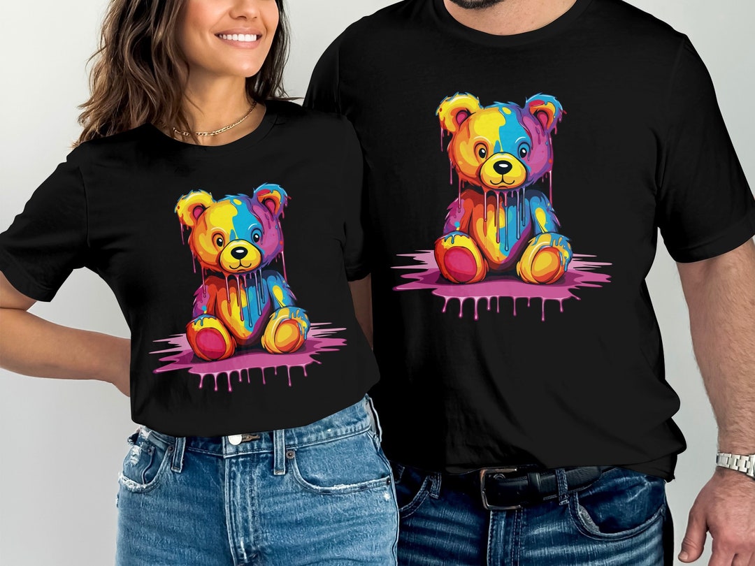 Colorful Dripping Paint Teddy Bear T-shirt, Vibrant Artistic Graphic ...