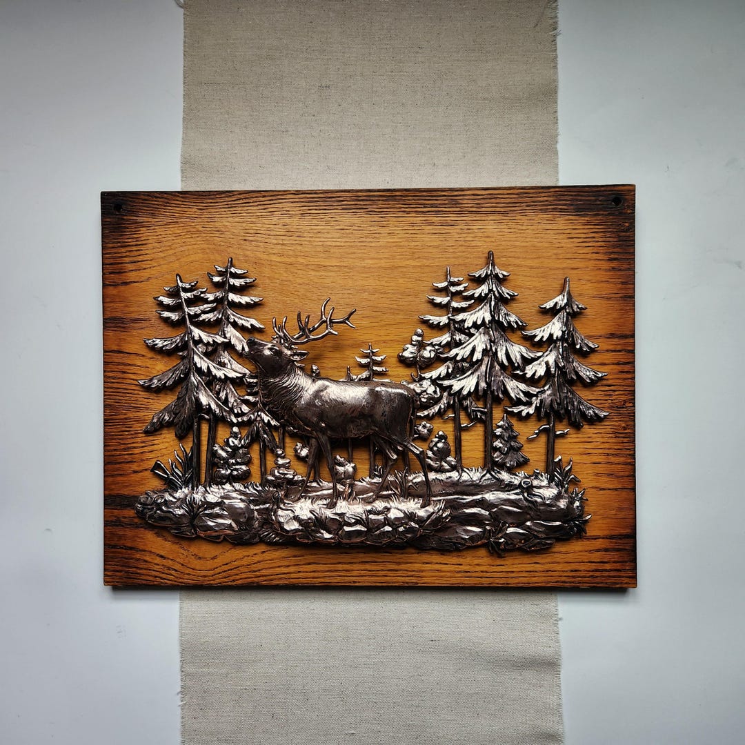 Vintage 3D Metal Elk Wall Art on Wood Plaque, Made in Canada Wall Art ...