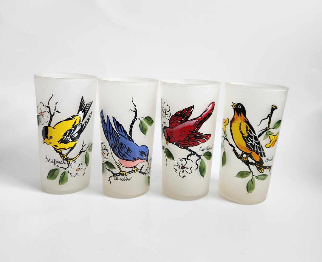Vintage Frosted Glass Bird Tumblers, Set of 4, Anchor Hocking Glasses ...
