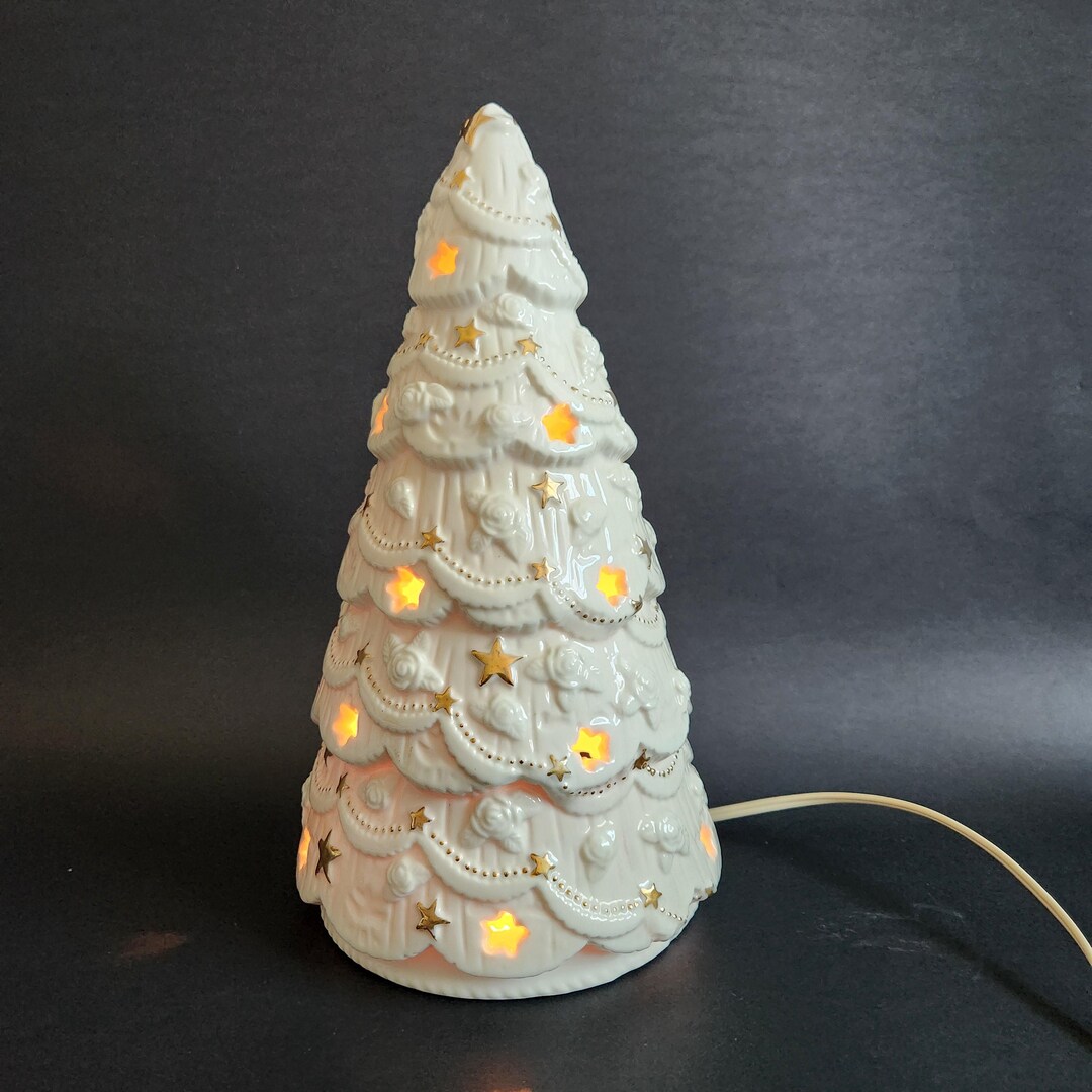 Vintage Ceramic Ivory White With Gold Details Christmas Tree , Light up ...