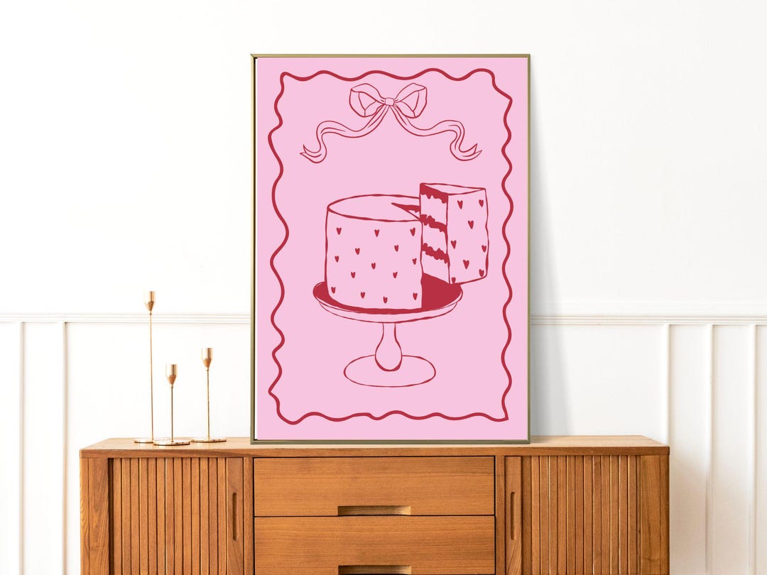 Pink and Red Vintage Cake Art Print | Whimsical Retro Dessert ...