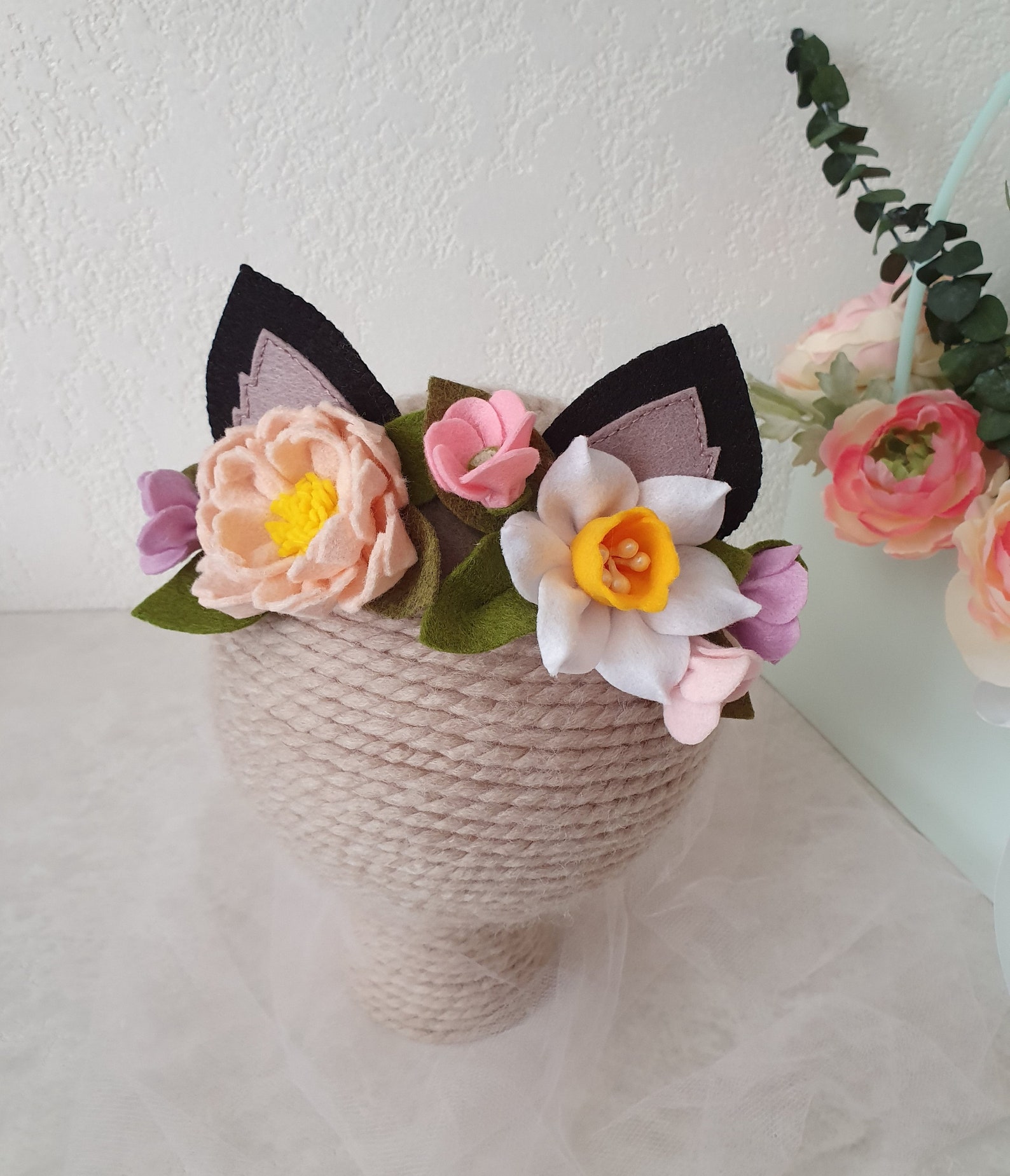 Black Cat Ears Felt Flower Headband Flower Crown With Animal - Etsy