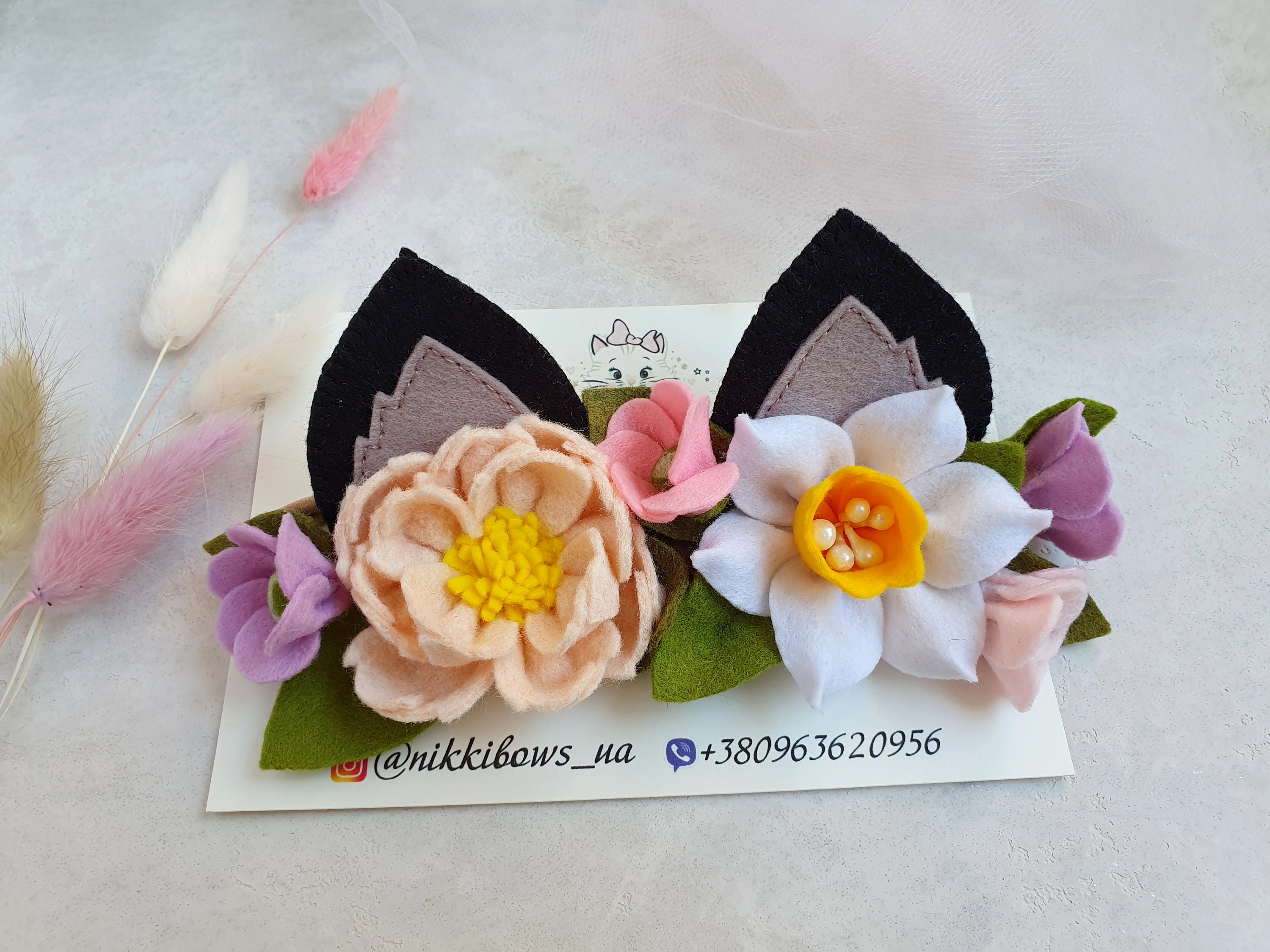 Black Cat Ears Felt Flower Headband, Flower Crown With Animal Ears ...