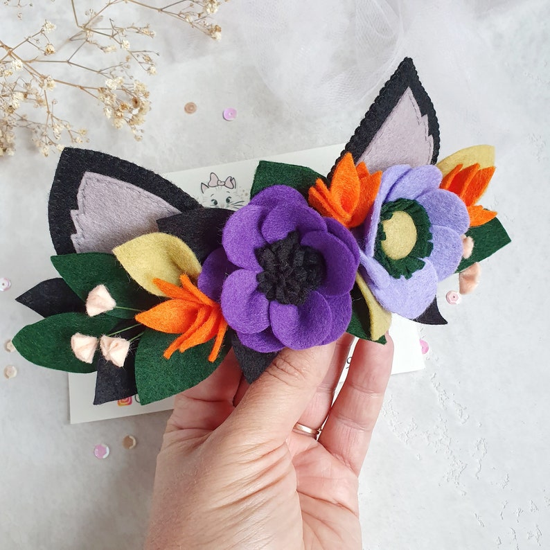 Halloween Black Cat Ears, Felt Flower Headband, Baby Floral Crown ...