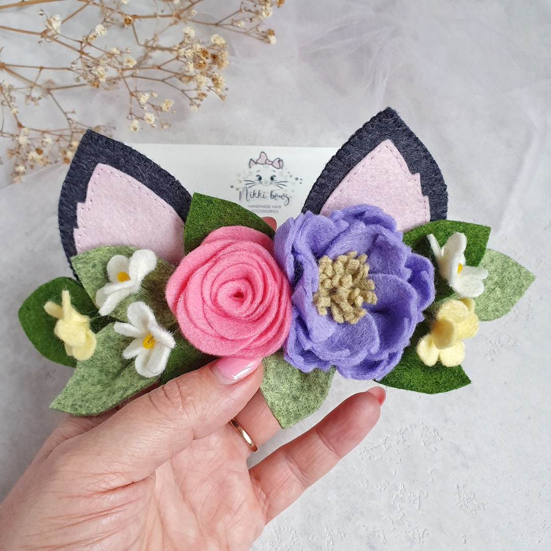 Black Cat Ears Felt Flower Headband, Flower Crown With Animal Ears ...