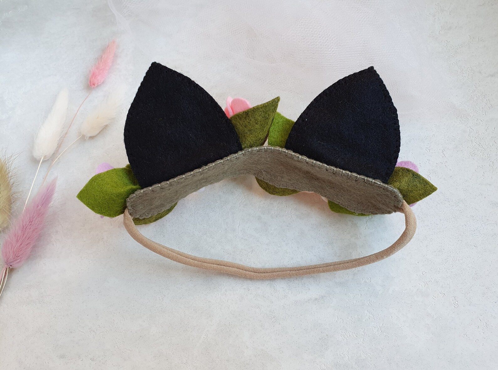 Black Cat Ears Felt Flower Headband Flower Crown With Animal - Etsy