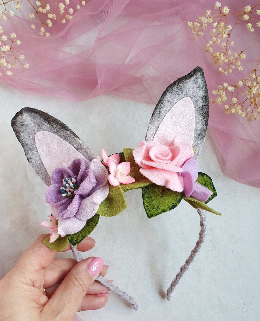 Gray Bunny Ears Headband, Felt Bunny Ears, Felt Flower Crown, Easter ...