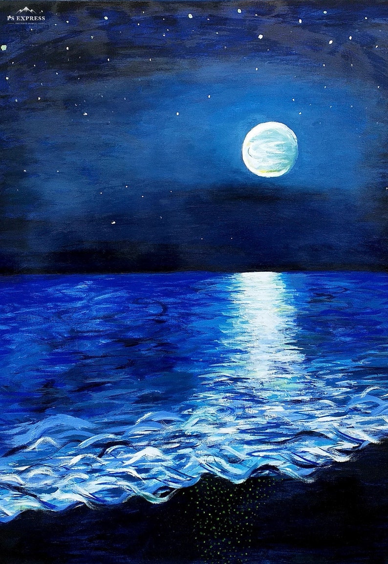 The Sea at Night, Landscape Sea Moonlight, Abstract Night, Painting on ...