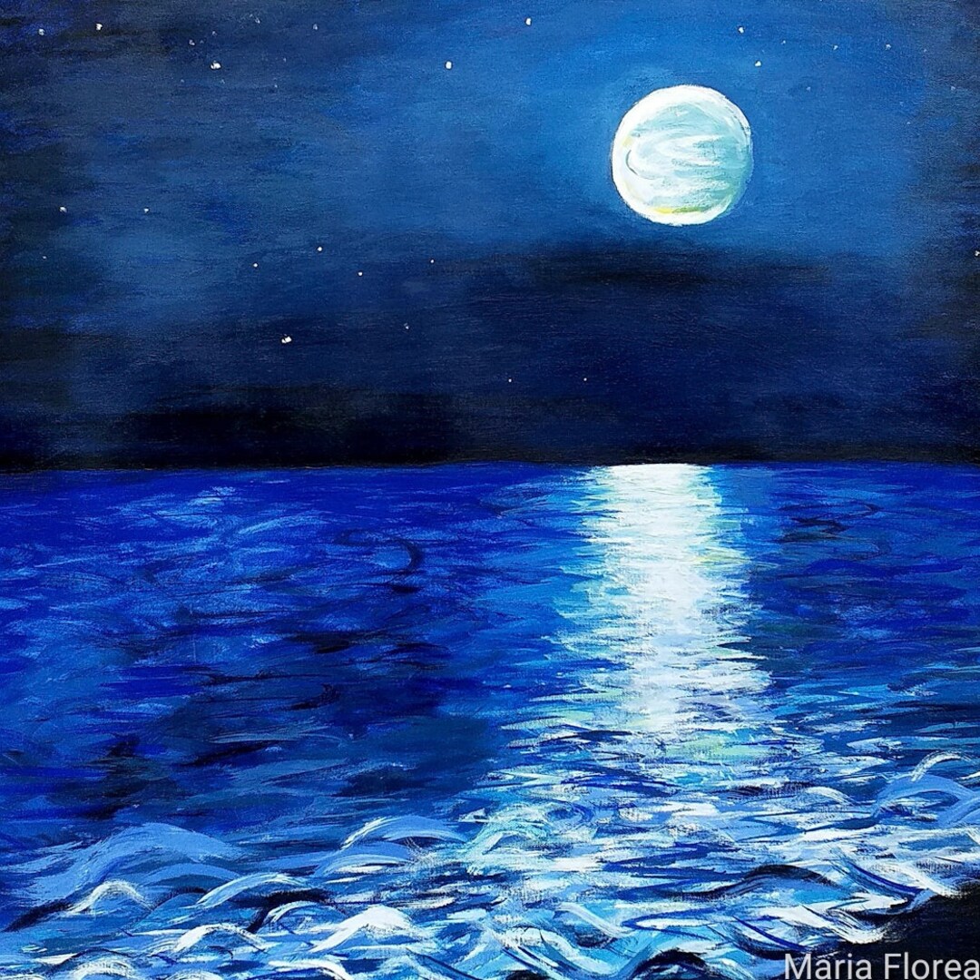 The Sea at Night, Landscape Sea Moonlight, Abstract Night, Painting on ...