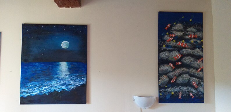 The Sea at Night, Landscape Sea Moonlight, Abstract Night, Painting on Canvas Signed ...