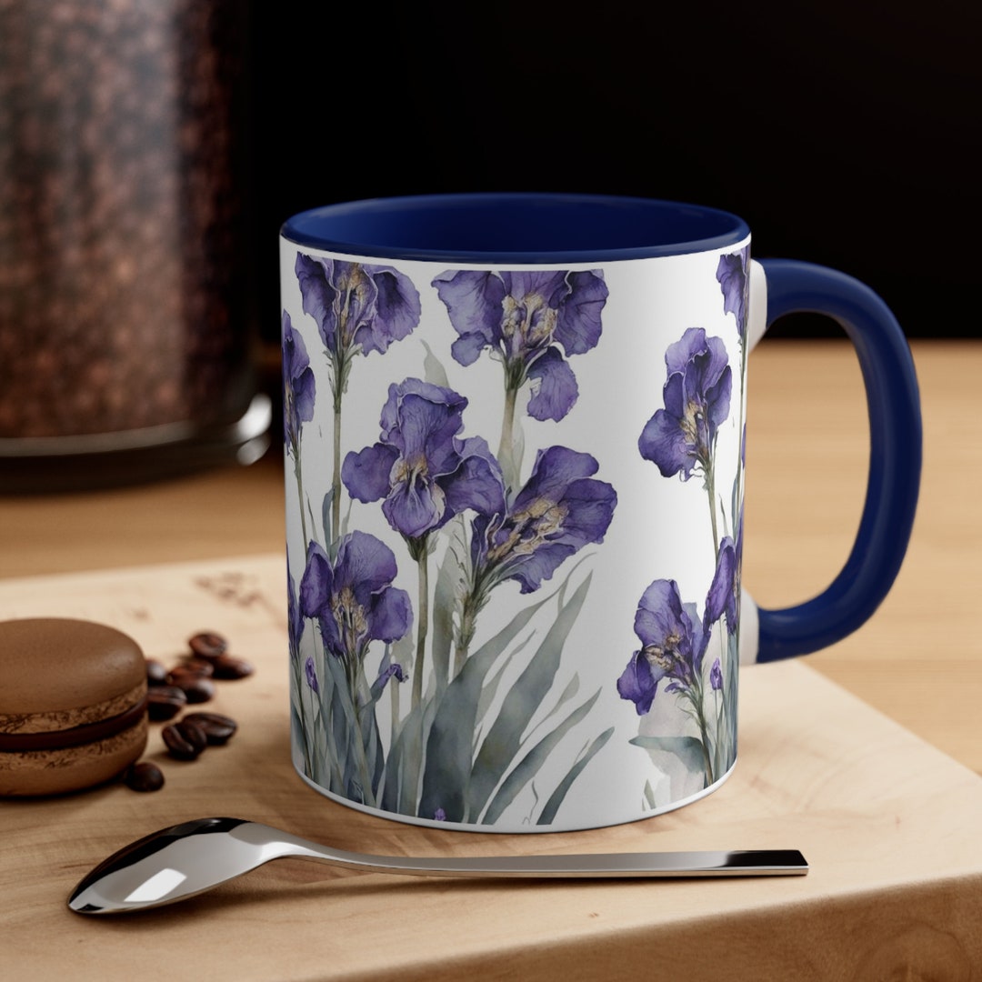 Pressed Iris Flower Mug, Boho Wildflower Cottagecore Mug, Large Ceramic ...