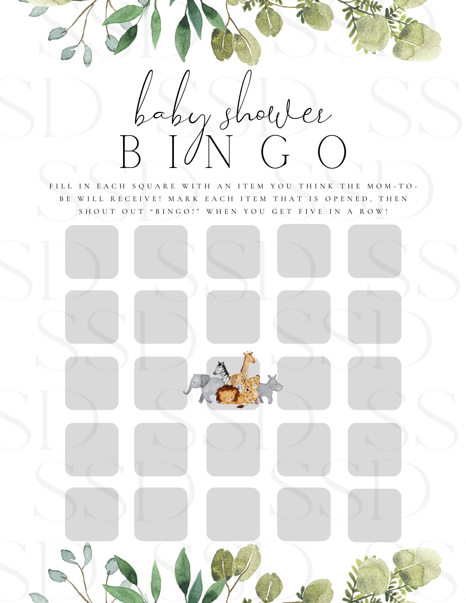 Safari Animals Baby Shower Bingo Instant DIgital Download | Etsy