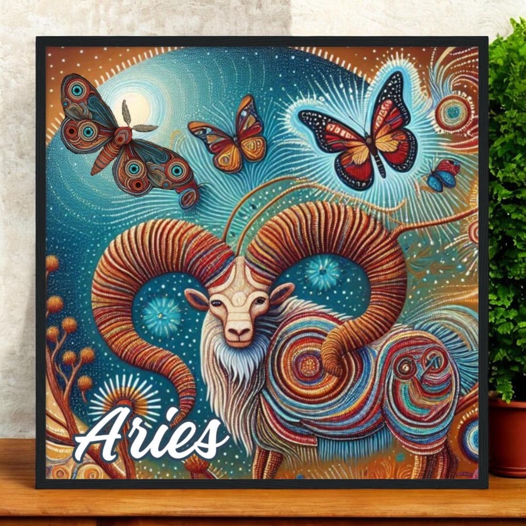 Aries Aboriginal Astrology Ram & Moth Indigenous Art Wood Framed Print ...