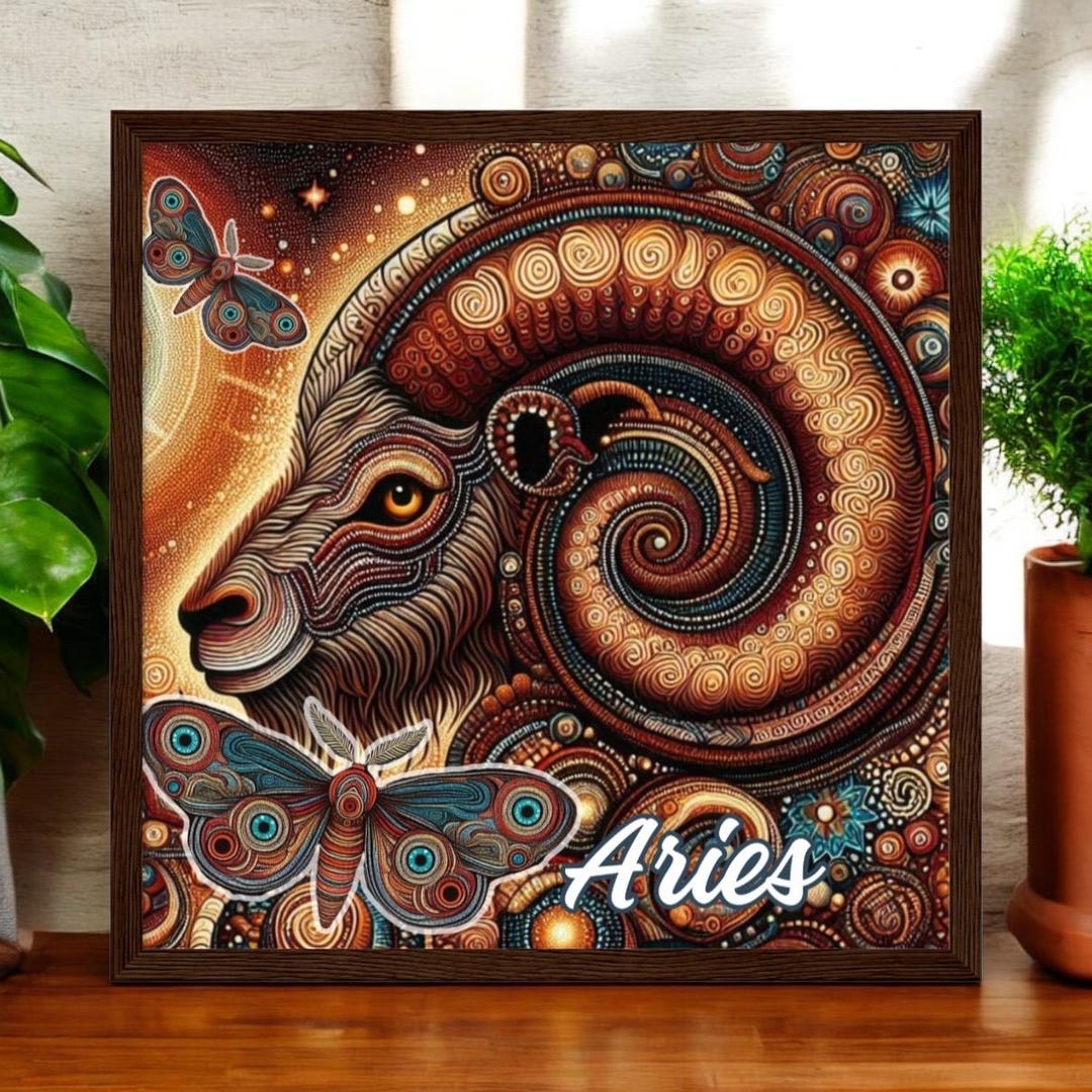 Aries Aboriginal Astrology Ram & Moth Indigenous Dot Art Wood Framed ...