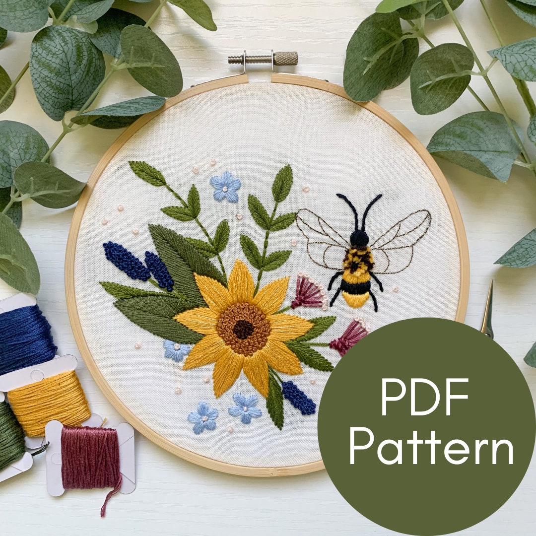 PDF Pattern, Bee Embroidery, Sunflower and Wildflowers, Video Tutorials ...