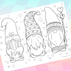 Valentine Gnome Valentine's Day Coloring Page Printable Coloring Sheet ...