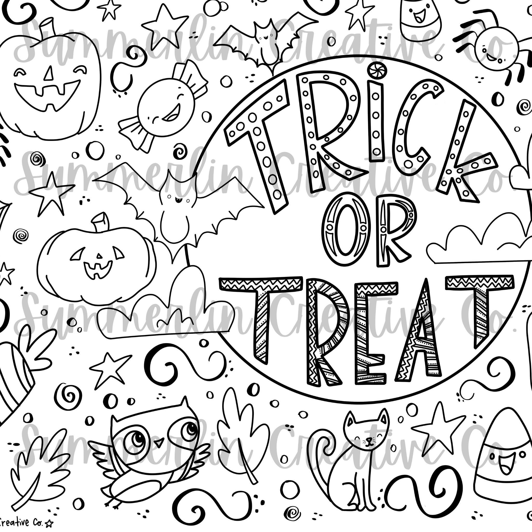 Trick or Treat, Halloween Coloring Poster, PDF Party Activity, Bats ...