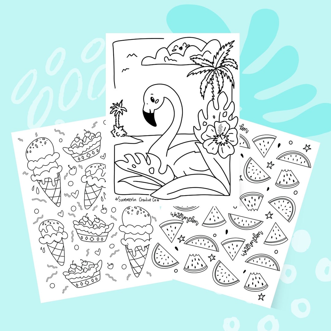 Summer Coloring Pages With Flamingo, Ice Cream and Watermelon - Etsy