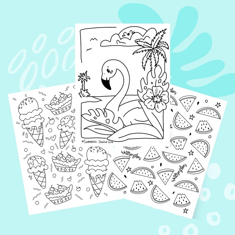 Summer Coloring Pages With Flamingo, Ice Cream and Watermelon - Etsy