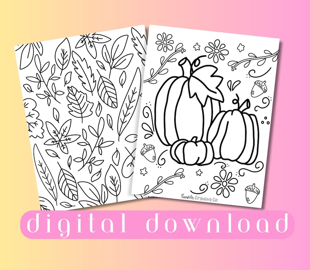 Fall Leaves and Pumpkins Coloring Page Bundle, Cute Doodles, Printable ...