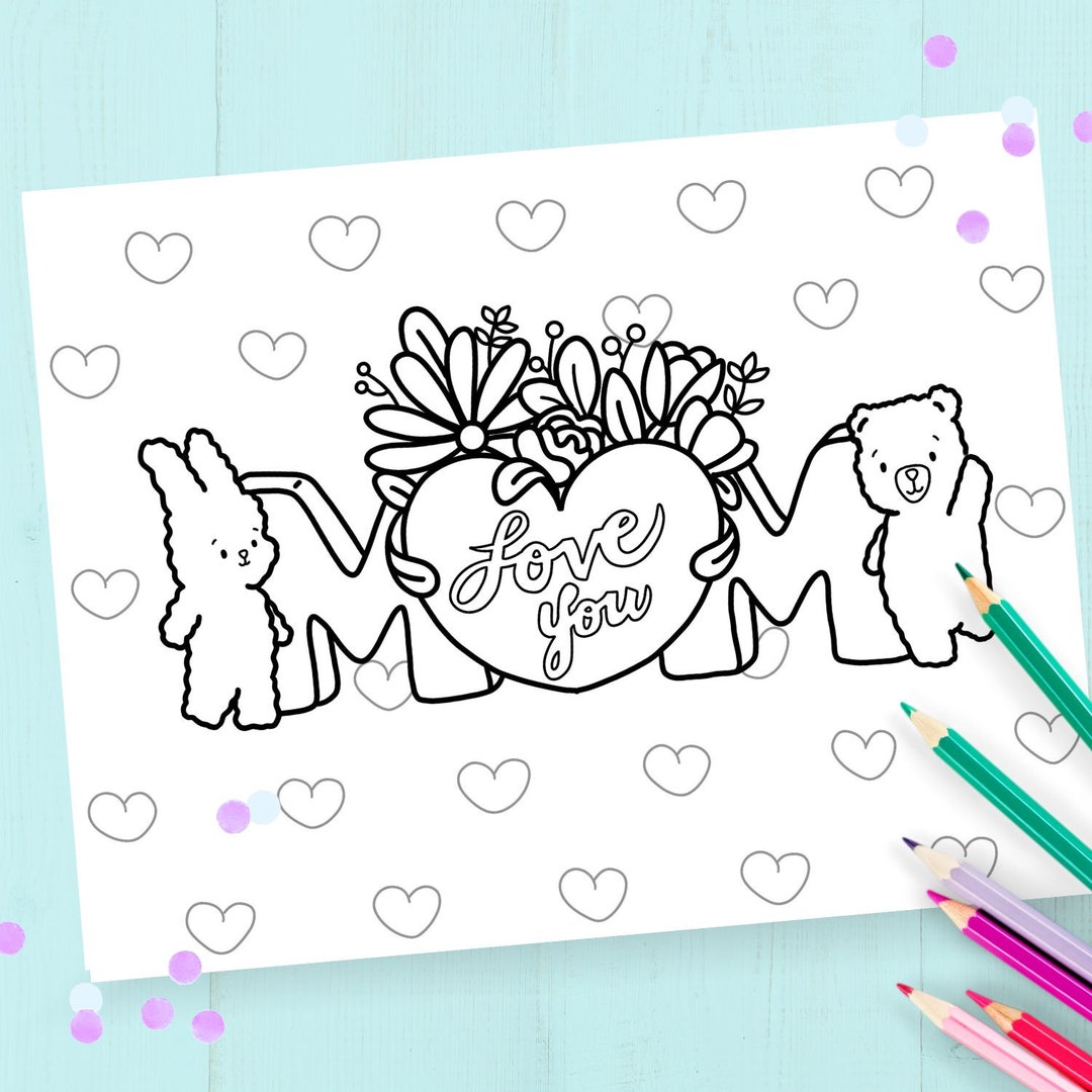 Cute Mother's Day Coloring Page Bunny and Teddy Bear Printable Coloring ...
