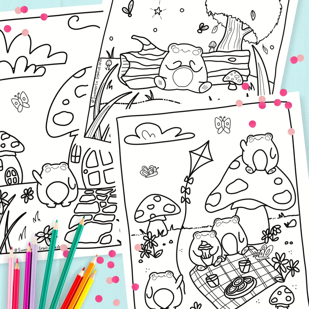 Frog and Mushrooms Coloring Pages, 3 Printable Coloring Sheets With ...