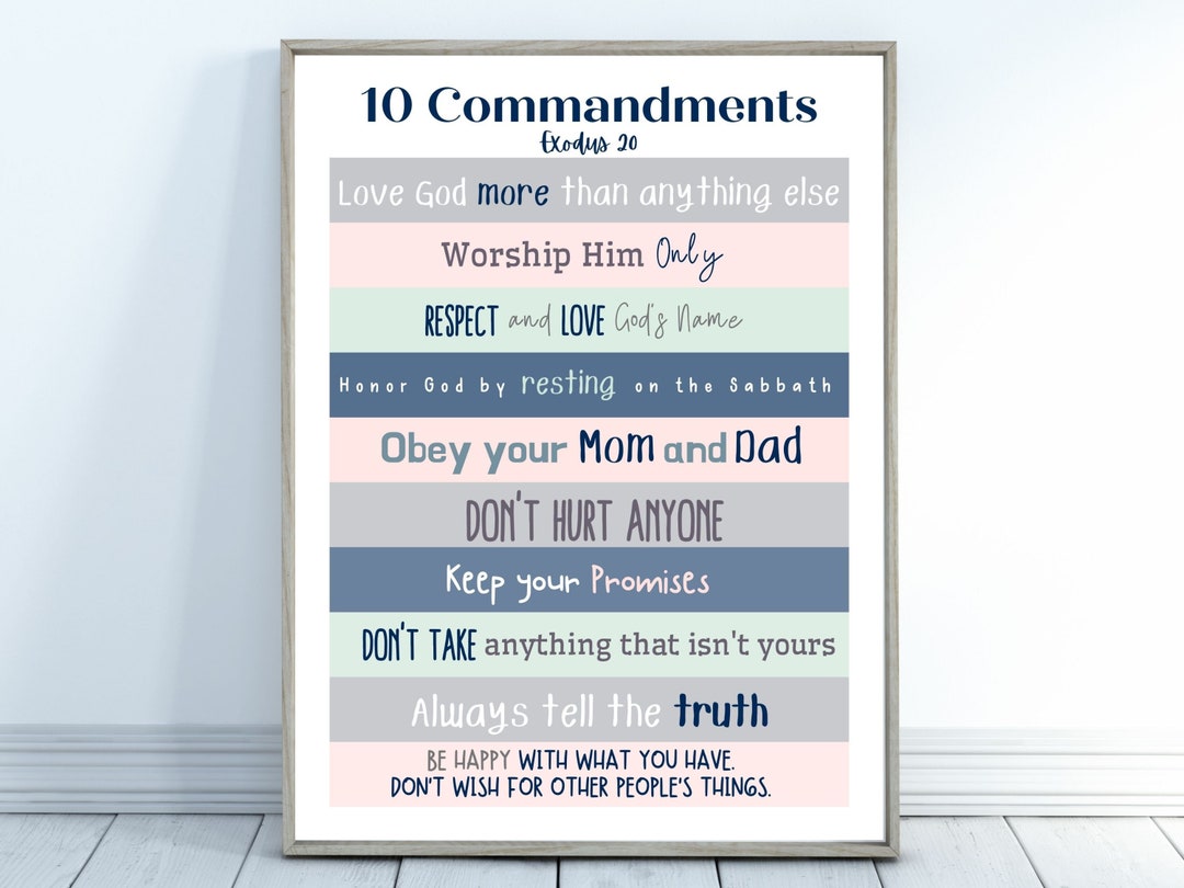 Printable Ten Commandments for Kids Room Decor, Navy, Mint, Pink ...