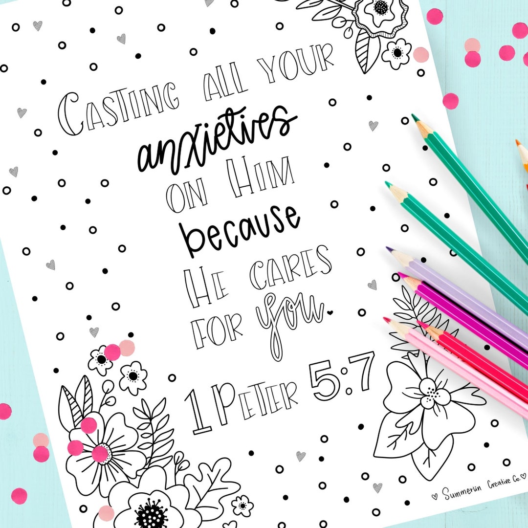 Scripture Bible Verse Coloring Page 1 Peter 5:7 Instant Download - Etsy