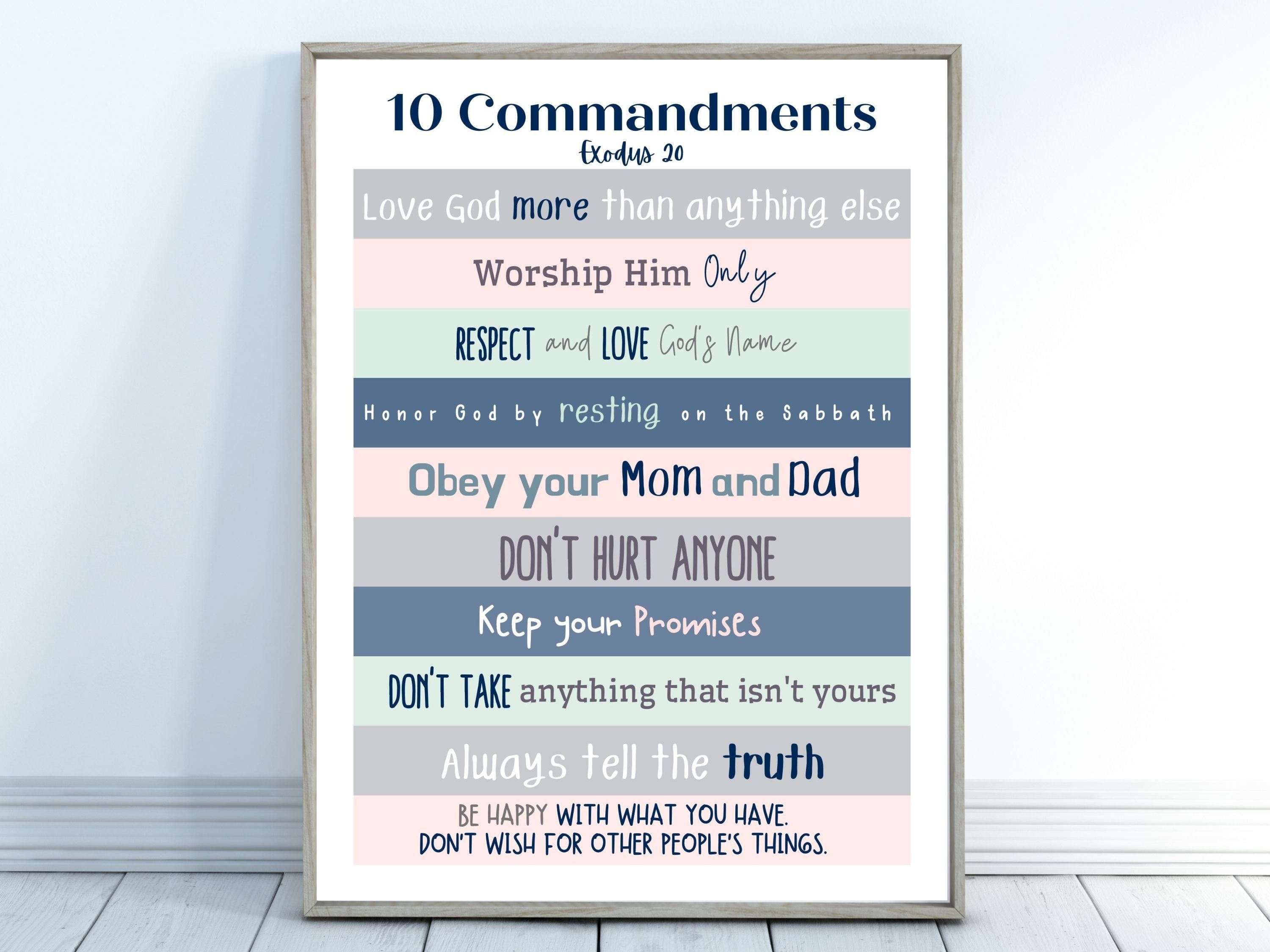 Printable Ten Commandments for Kids Room Decor, Navy, Mint, Pink ...