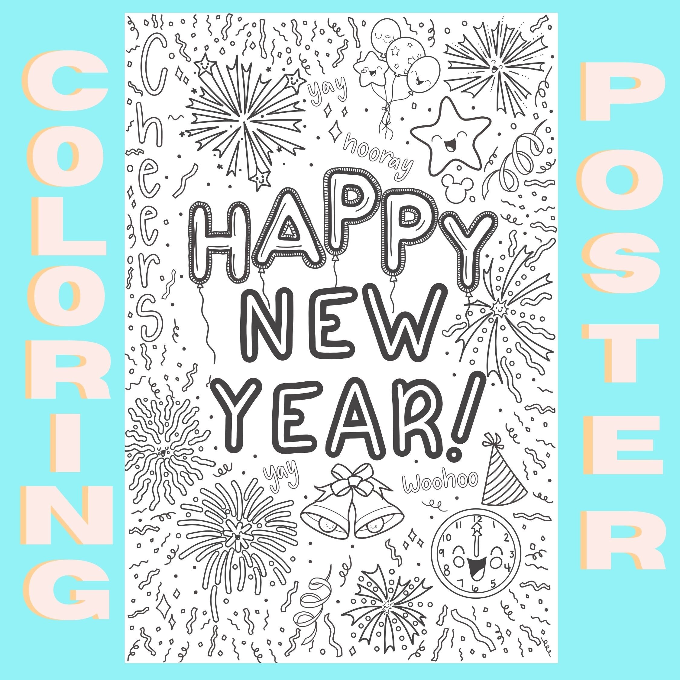 Happy New Year Giant Coloring Poster Printable Coloring Sheet Instant ...