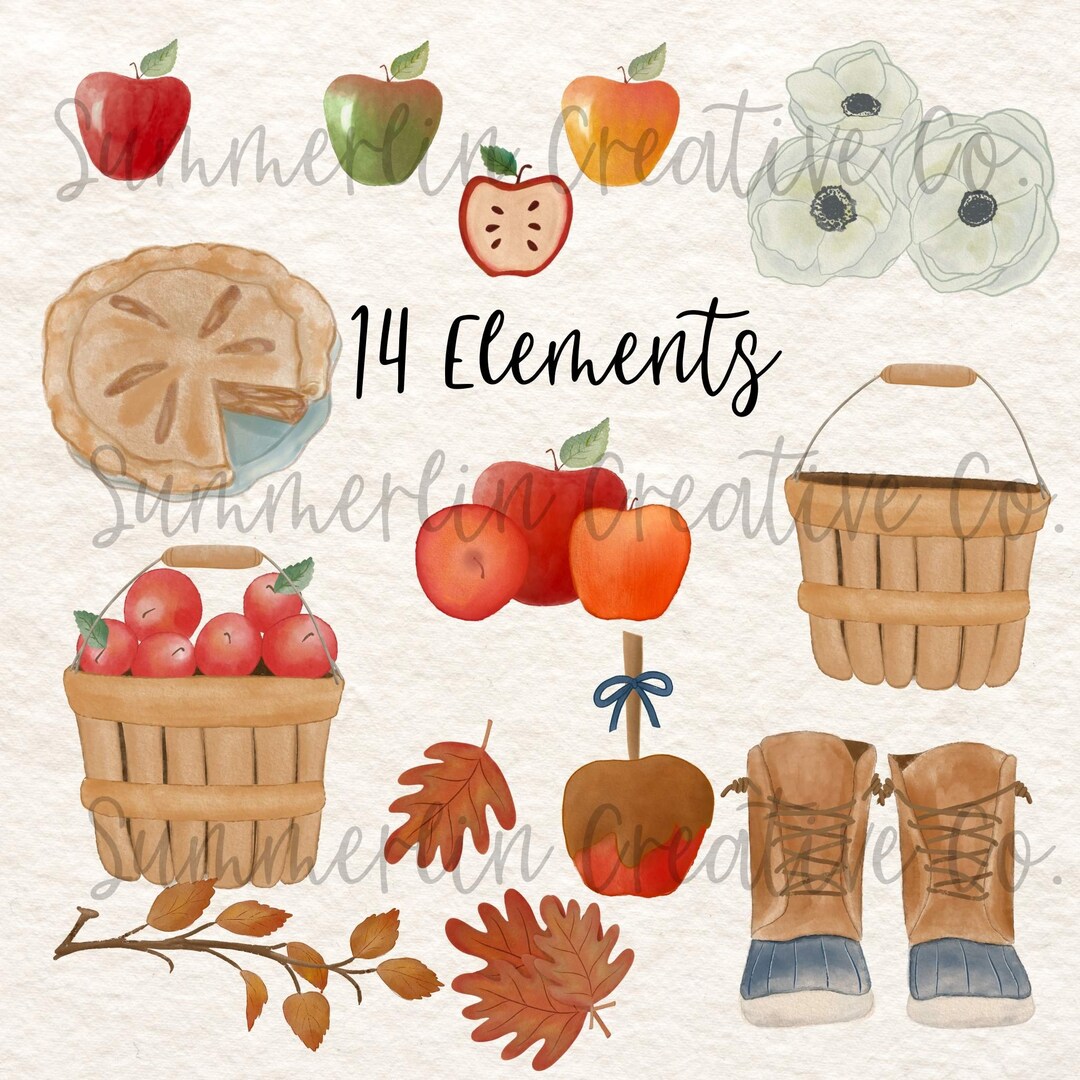 Apple Picking Fall Watercolor Clipart Hand Drawn Elements - Etsy