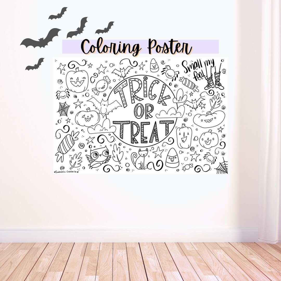 Trick or Treat, Halloween Coloring Poster, PDF Party Activity, Bats ...