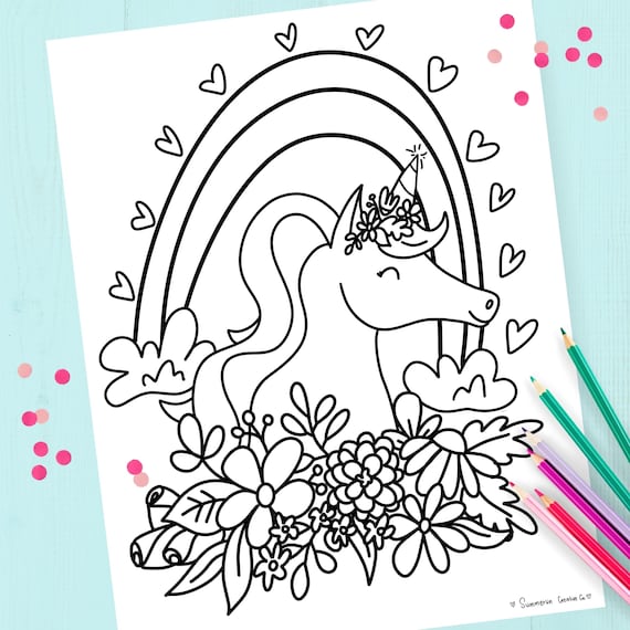 Unicorn With Floral Crown Coloring Page Unicorn Party Favors | Etsy