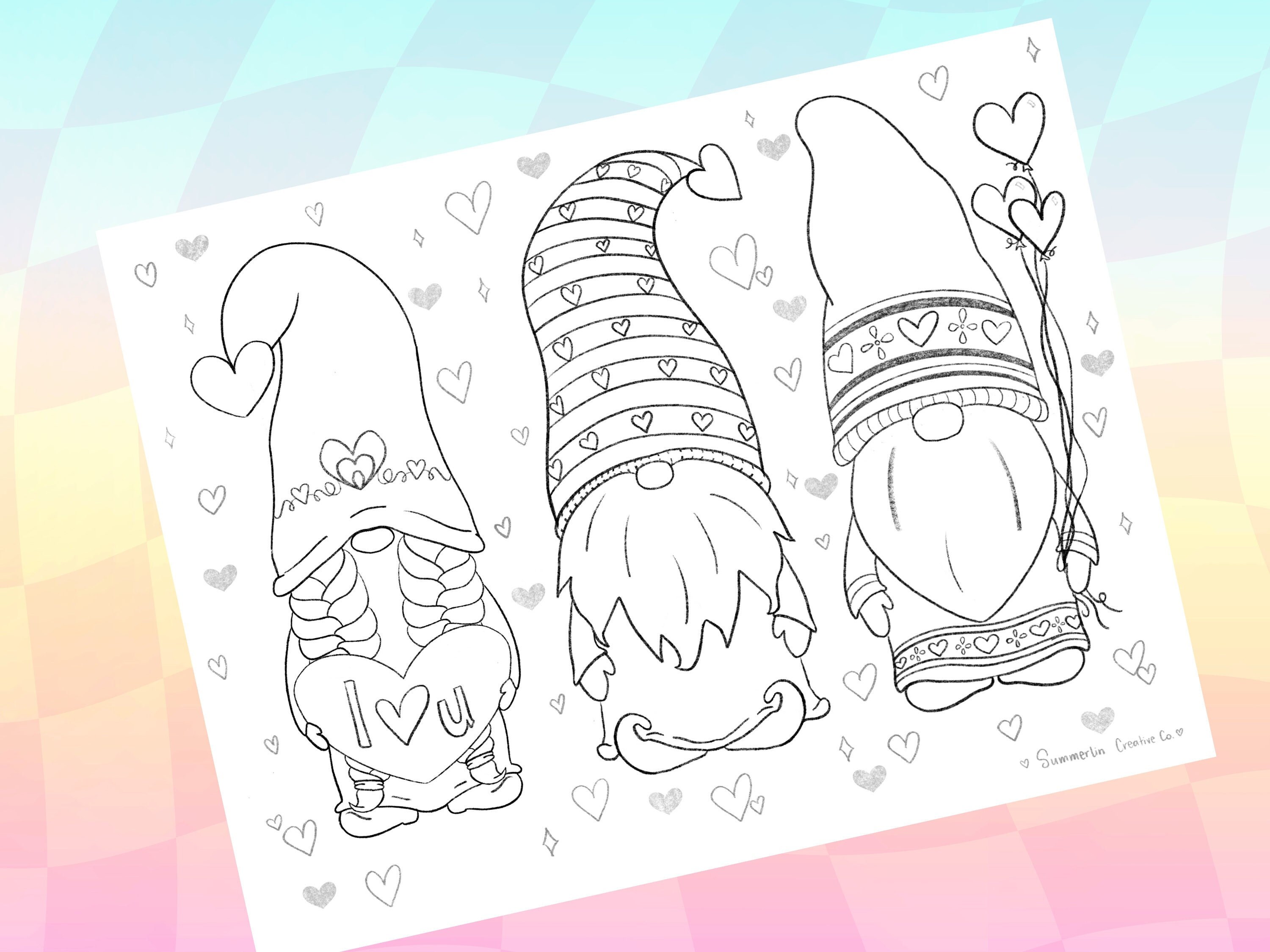 Valentine Gnome Valentine's Day Coloring Page Printable Coloring Sheet ...